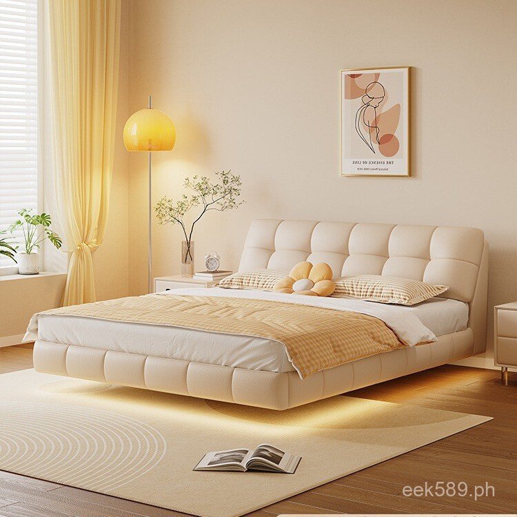 Cream Cloud Puff Bedroom Style Genuine Leather Bed Soft Upholstered Bed ...