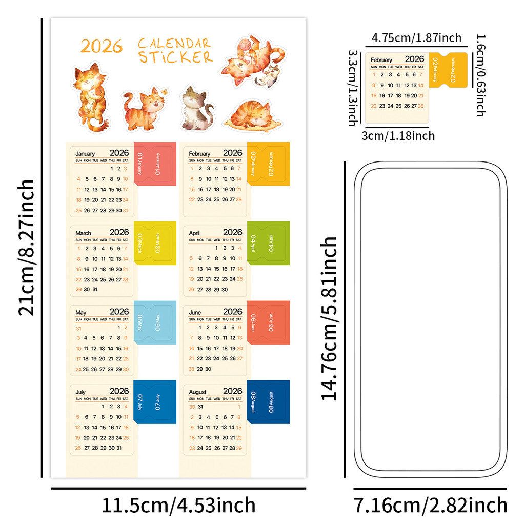 2026 Monthly Calendar Stickers - 2 Sheet Adhesive Tabs Color-coded ...