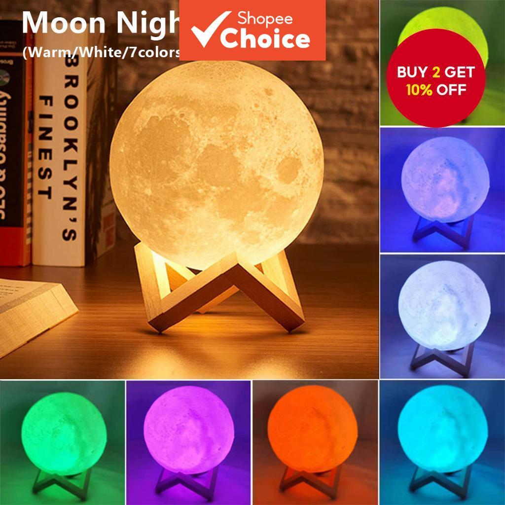 LED Moon Lamp - Battery-Powered Night Light with Stand, Starry Bedroom ...