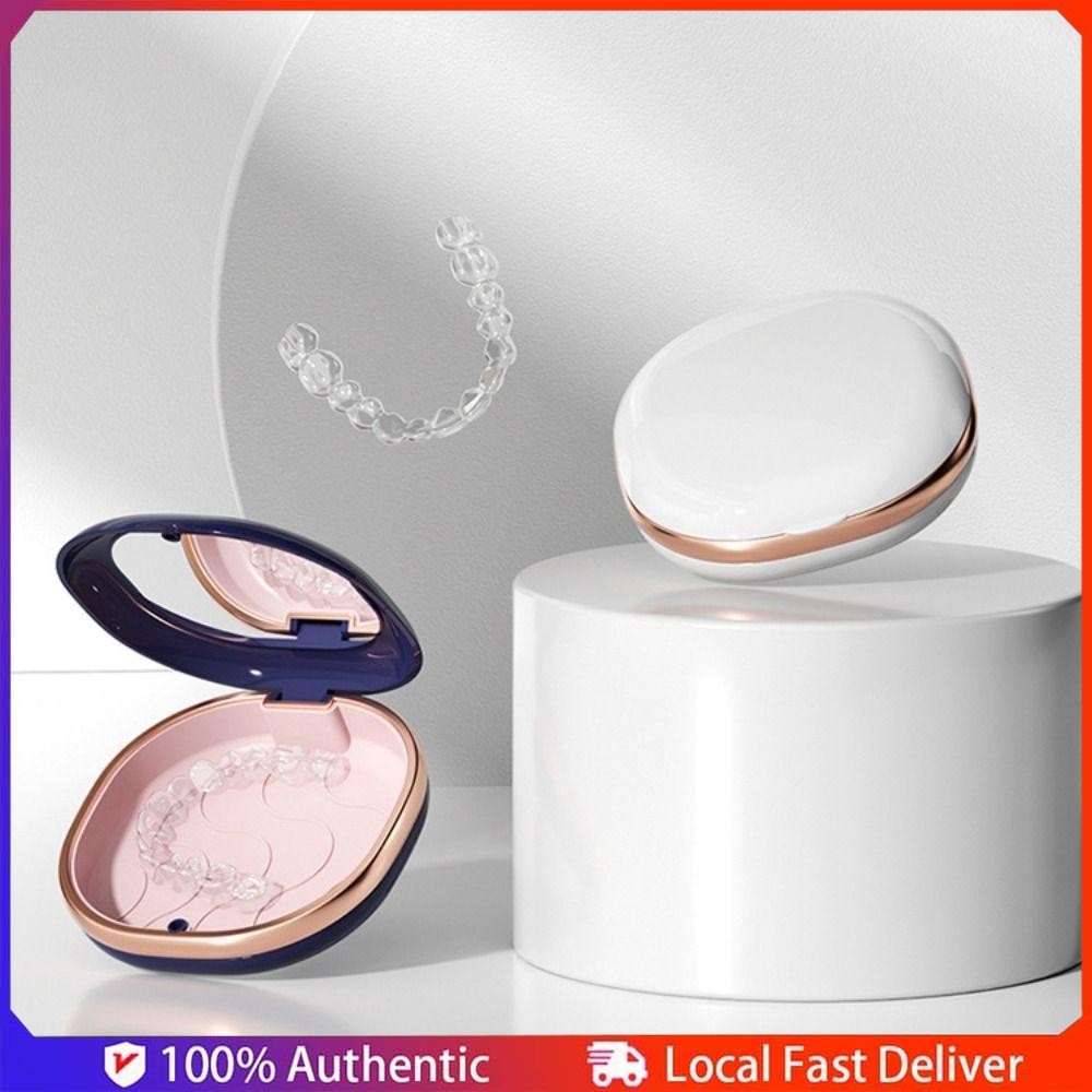 denture soaking case with integrated mirror - leak-proof cleaning box ...