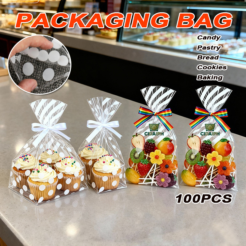 100 PC White Polka Dots Stripes Food Plastic Packaging Dessert Baking ...