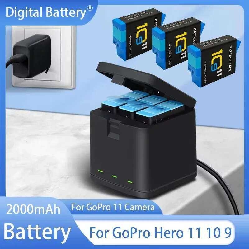 2000Mah 3 Battery For Gopro Hero 11 10 9 Li-Ion Battery Pack Motion ...