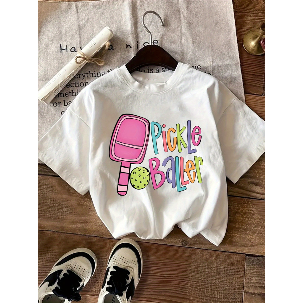 Women'S Pickleball Graphic Tee - Light Gray T-Shirt with Pink Paddle ...