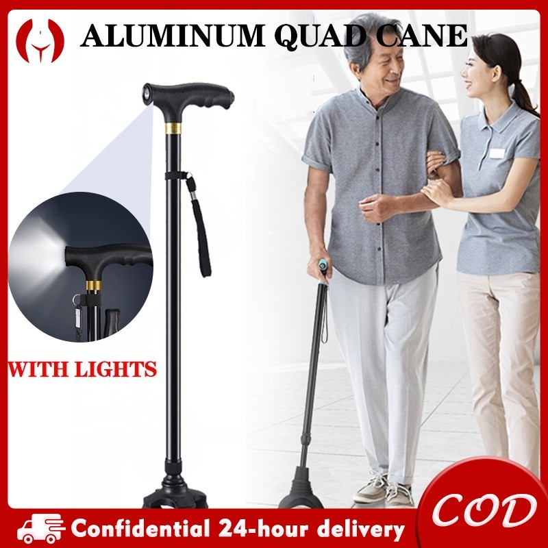 Aluminum Quad Cane Walking Cane with Led Lights Anti-skid T-handle Pole ...