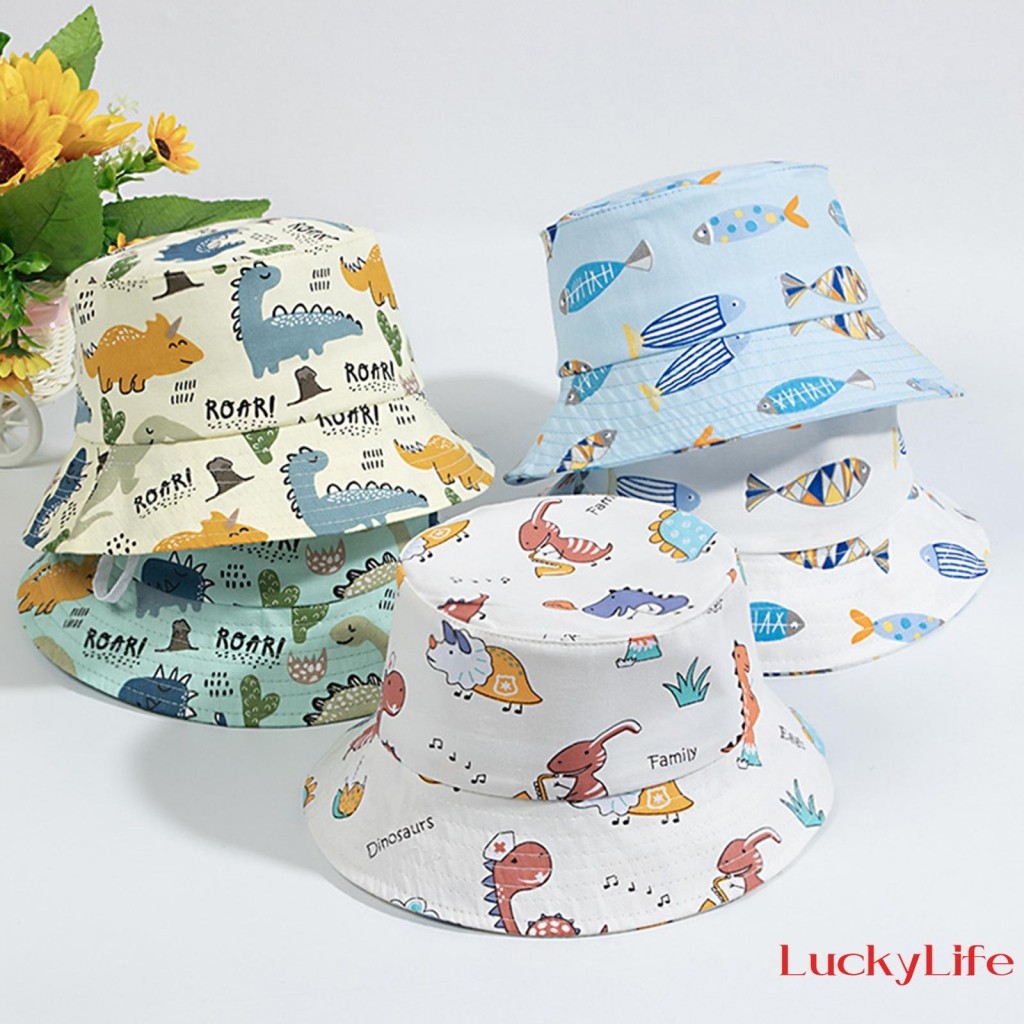 Kids Boys Girls Bucket Hat Fish/Dinosaur Print Wide Brim Spring Summer ...