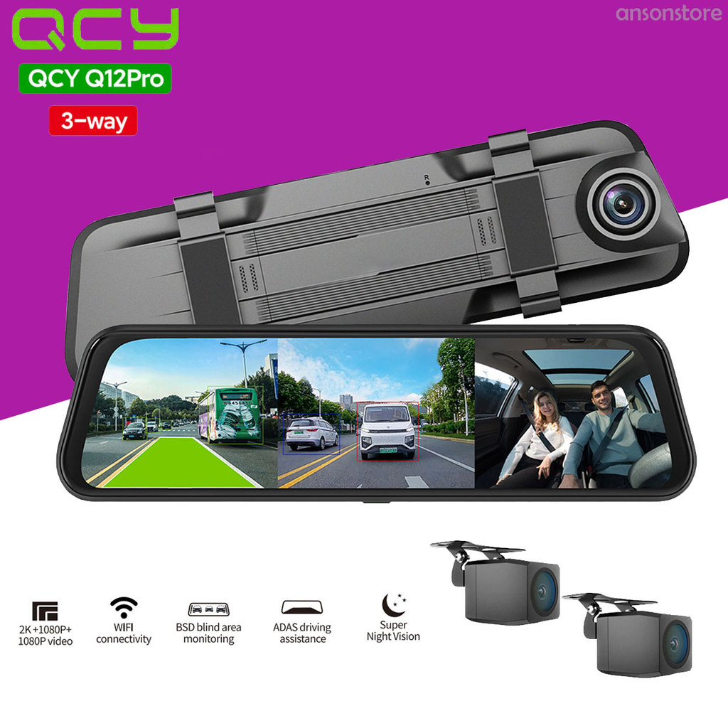 QCY Q12 PRO 9.66" 2K+1080P+1080P 3-Way Recording WiFI Car DVR Rearview ...