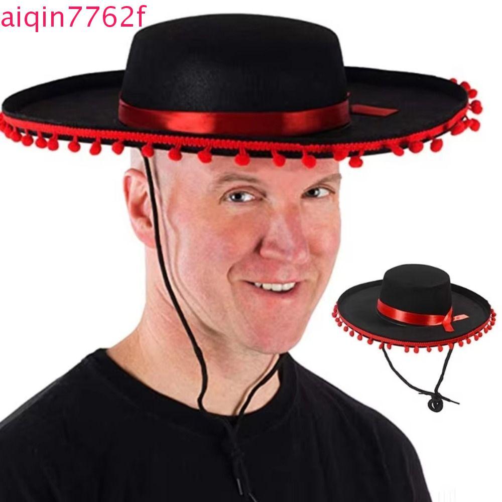 AIQINF Mexican Sombrero Hats, Fuzz Ball Wide Brim Mexican Hat Costumes ...