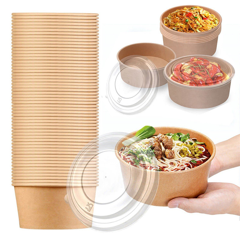 Kraft Salad Bowl 50 Pcs Round Disposable Paper Bowl with Plastic Lid ...