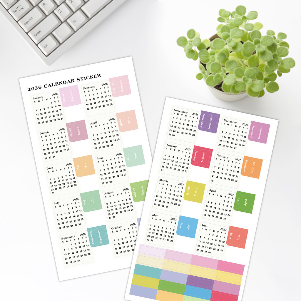 2026 Monthly Calendar Stickers - 2 Sheet Adhesive Tabs Color-coded ...