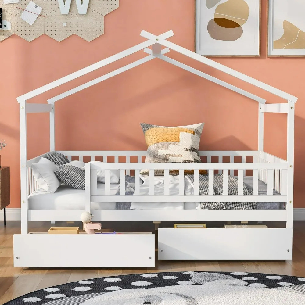 Full House Bed With 2 Storage Drawers,kids Full Bed Frame With Rails ...