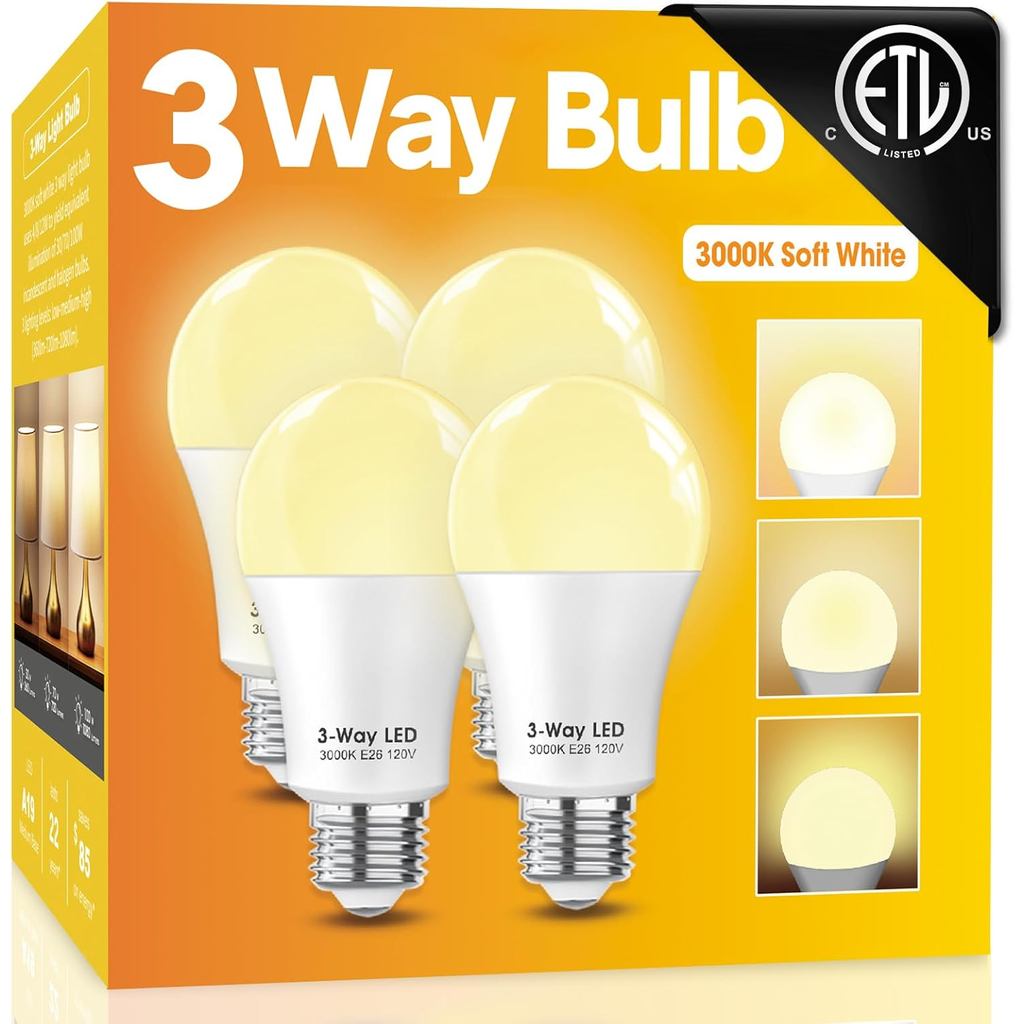 ETL Listed 3 Way LED Light Bulbs 4 Pack,Soft White 3000K 30 70 100 Watt ...