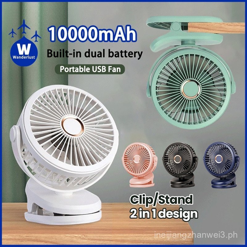 Mini Fan 10000mAh Chargeable Clipped Fan 360° Rotation 4-speed Wind USB ...