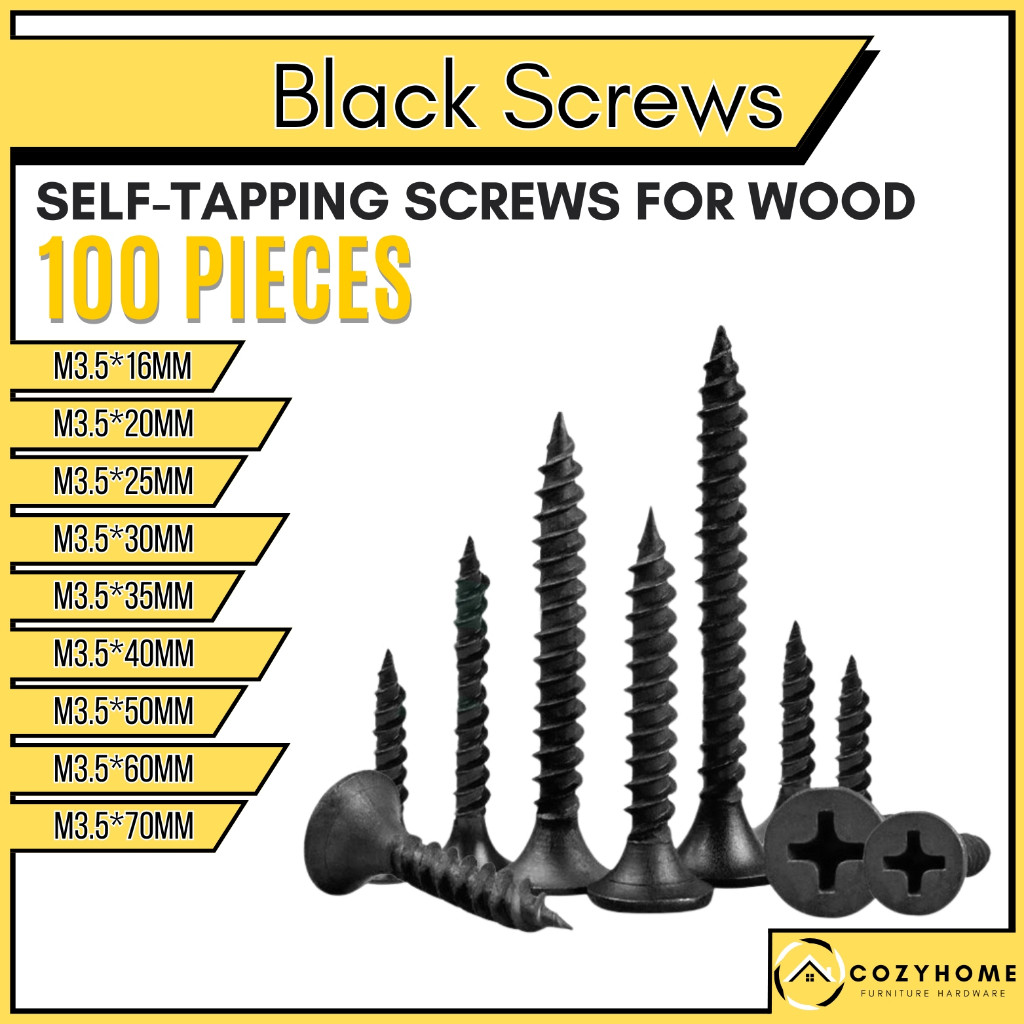 100PCS Black Screw For Wood and Metal 1 to 3 inches Flathead Black ...