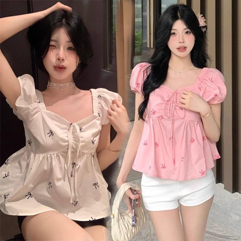 Square neck puff sleeve printed women's shirt, new summer 2025 style ...