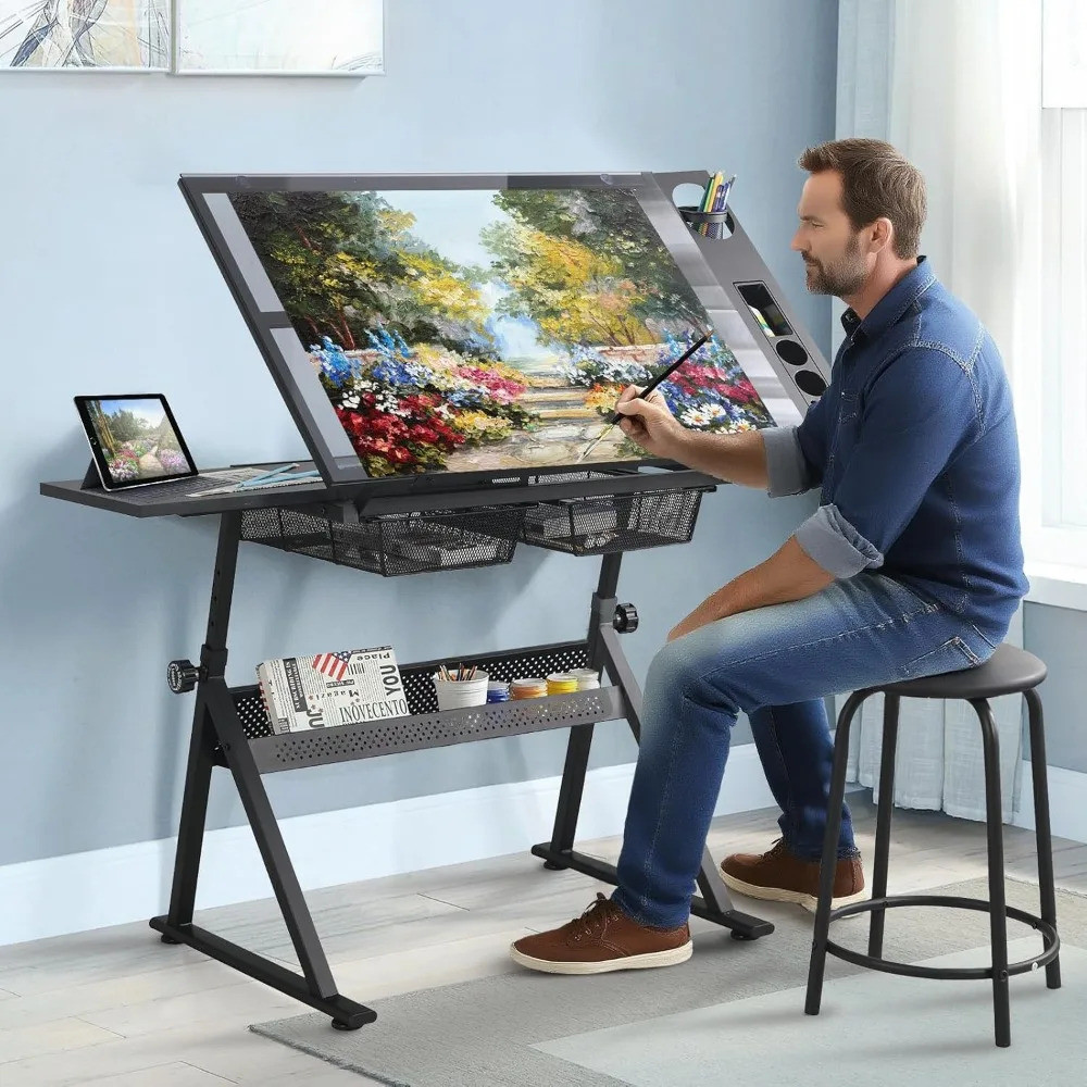 Glass Drafting Table And Stool Sets, Adjustable Height Drawing Table ...