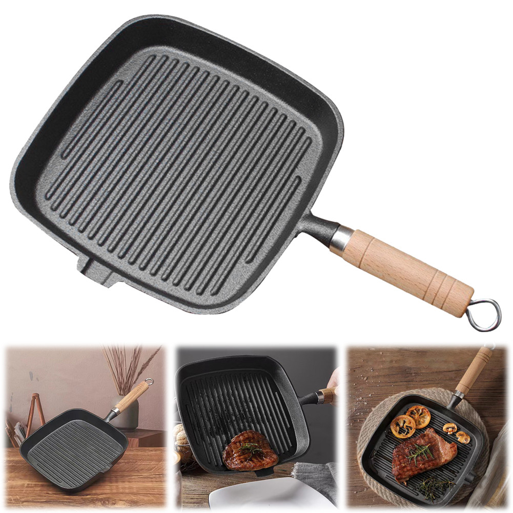 Cast Iron Skillet Steak Pan with Wooden Handle Uncoated Non-stick ...