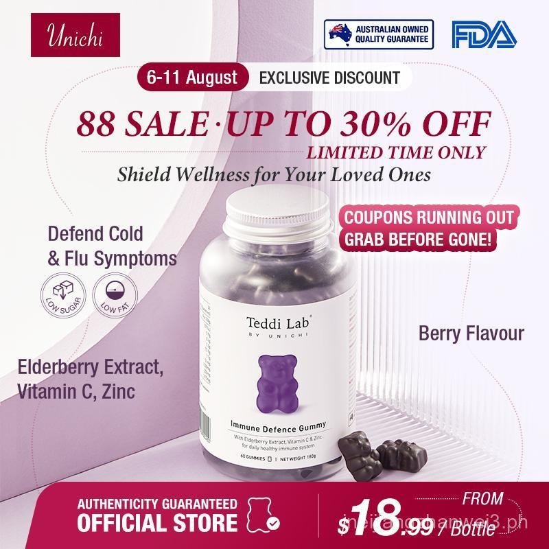 Unichi Elderberry Immune Defence Gummy, Vitamin C, Zinc Berry Flavour ...