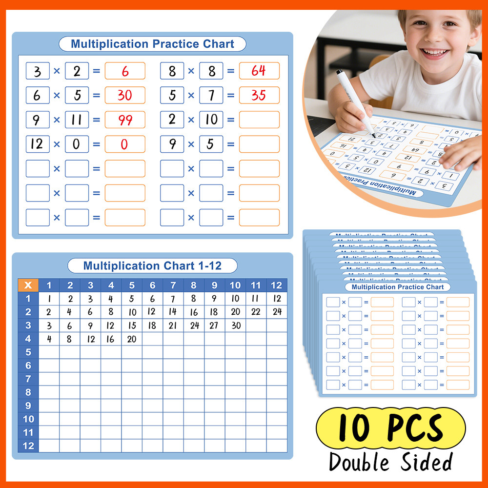 10 PCS Double-Sided Multiplication Charts 1-12 Times Table Dry-Erase ...