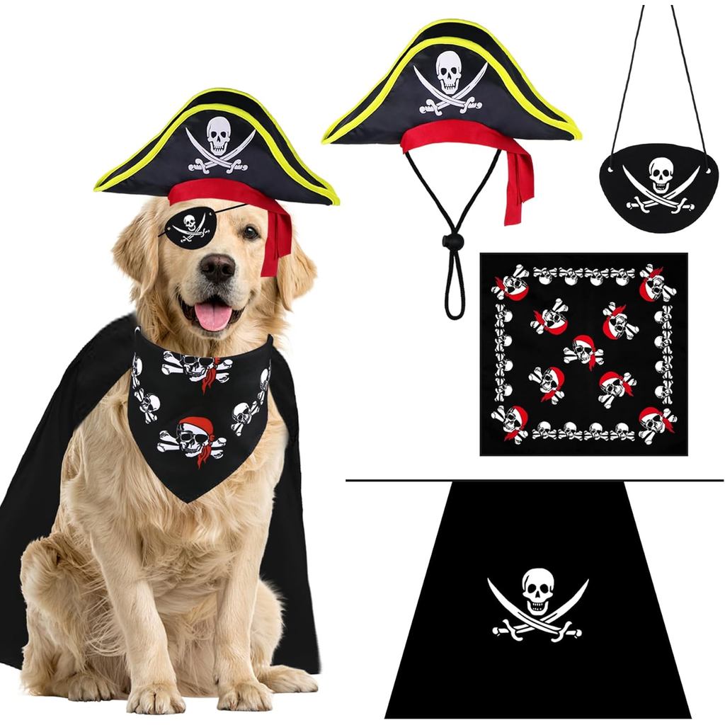 4 PCS Dog Pirate Costume, Dog Halloween Costumes Funny Pirate Hat Skull ...