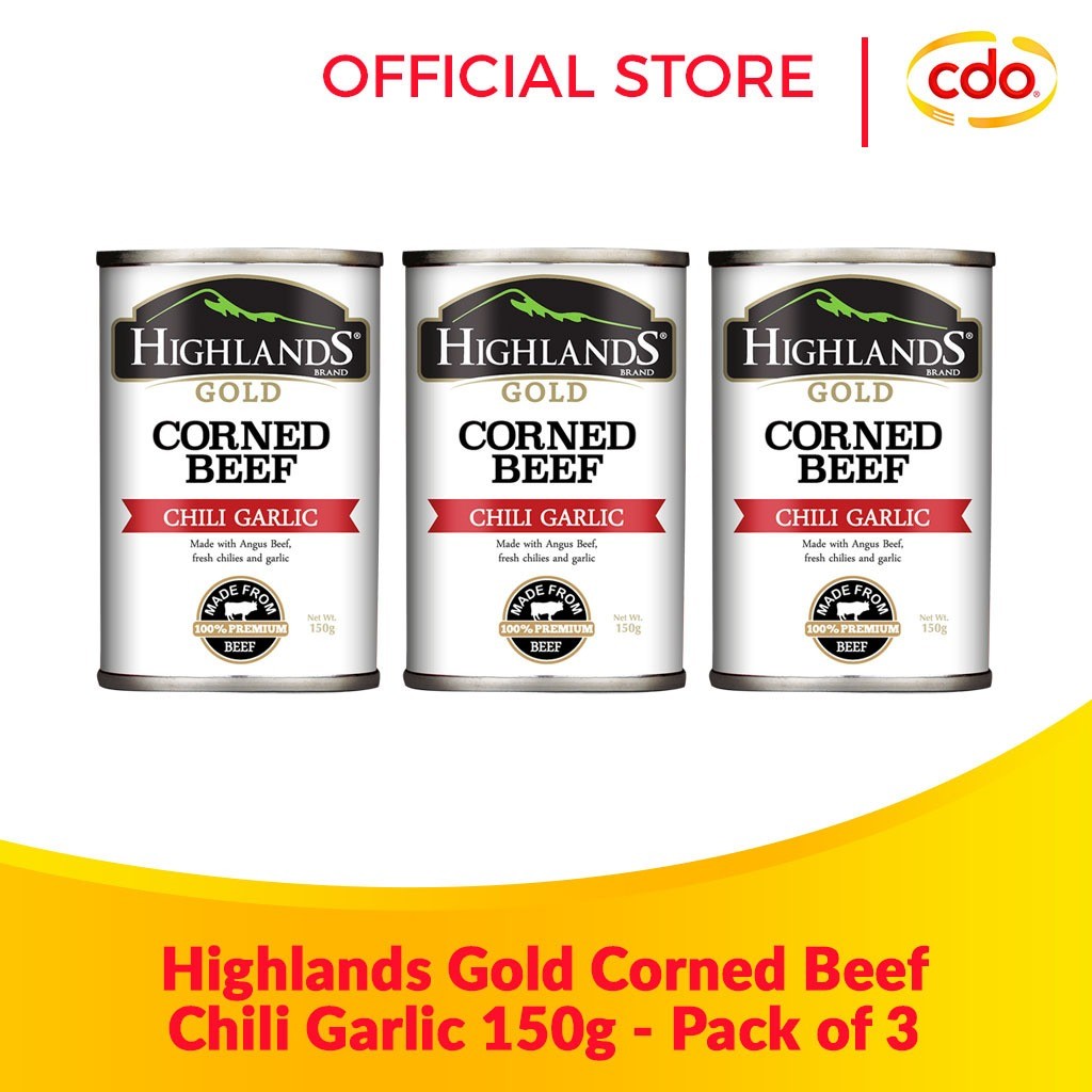 HIGHLANDS Gold Corned Beef Chili Garlic 150g - Pack of 3 | Shopee ...