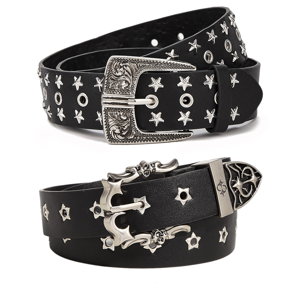 Black Studded Belt, Star Belt Goth Y2K Double Grommet Belts Emo Gothic ...