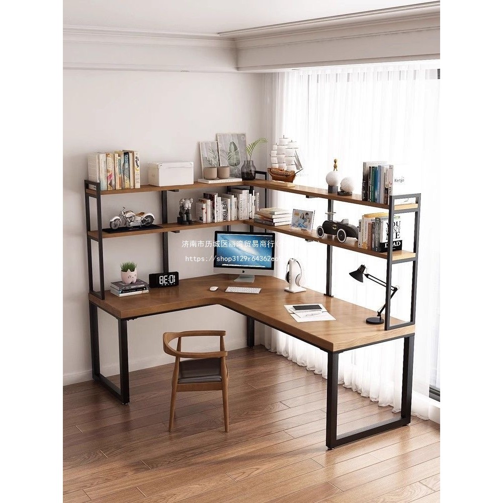 Solid Wood Corner Computer Desk L Integrated Desk and Bookshelf Study ...