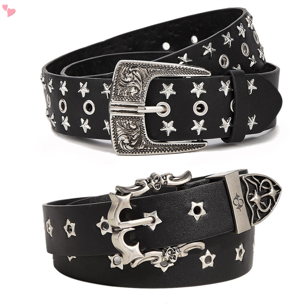 Black Studded Belt, Star Belt Goth Y2K Double Grommet Belts Emo Gothic ...