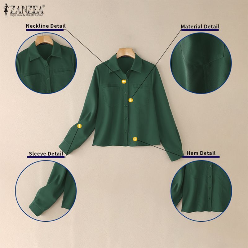ZANZEA Women's Korean Daily Collared Cropped Long-Sleeve Solid Color ...