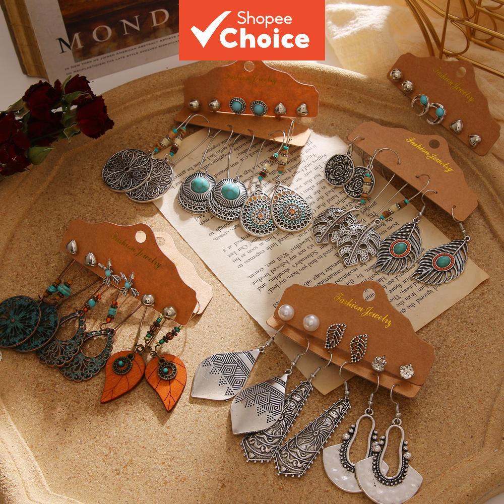 12pcs Retro Earring Set Bohemian Style Geometric Leaves Feather ...