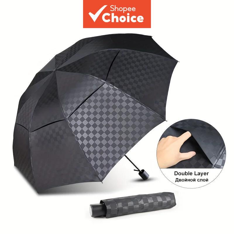 Double Layer Dark Grid Big Umbrella Rain Women 3Folding 10Rib Windproof ...