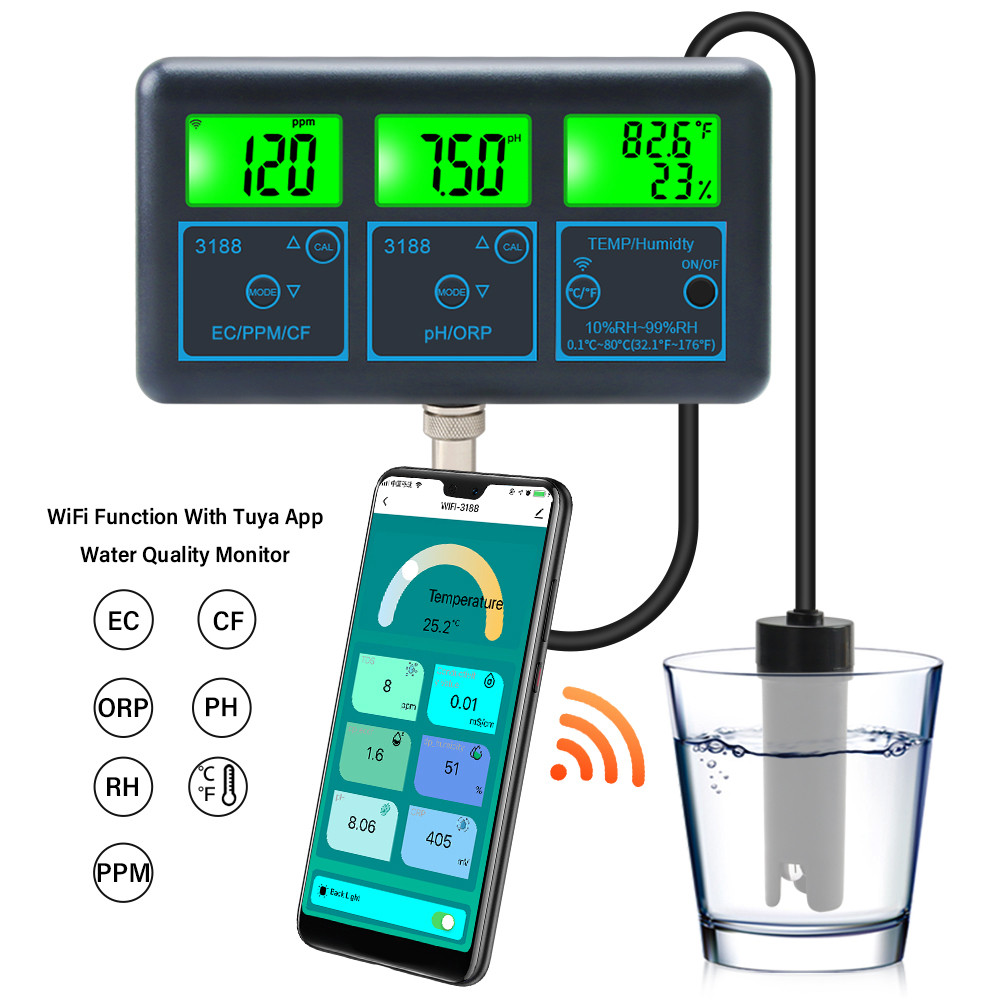 WiFi 7 in 1 Water Quality Monitor PH ORP EC PPM CFR Humidity ...