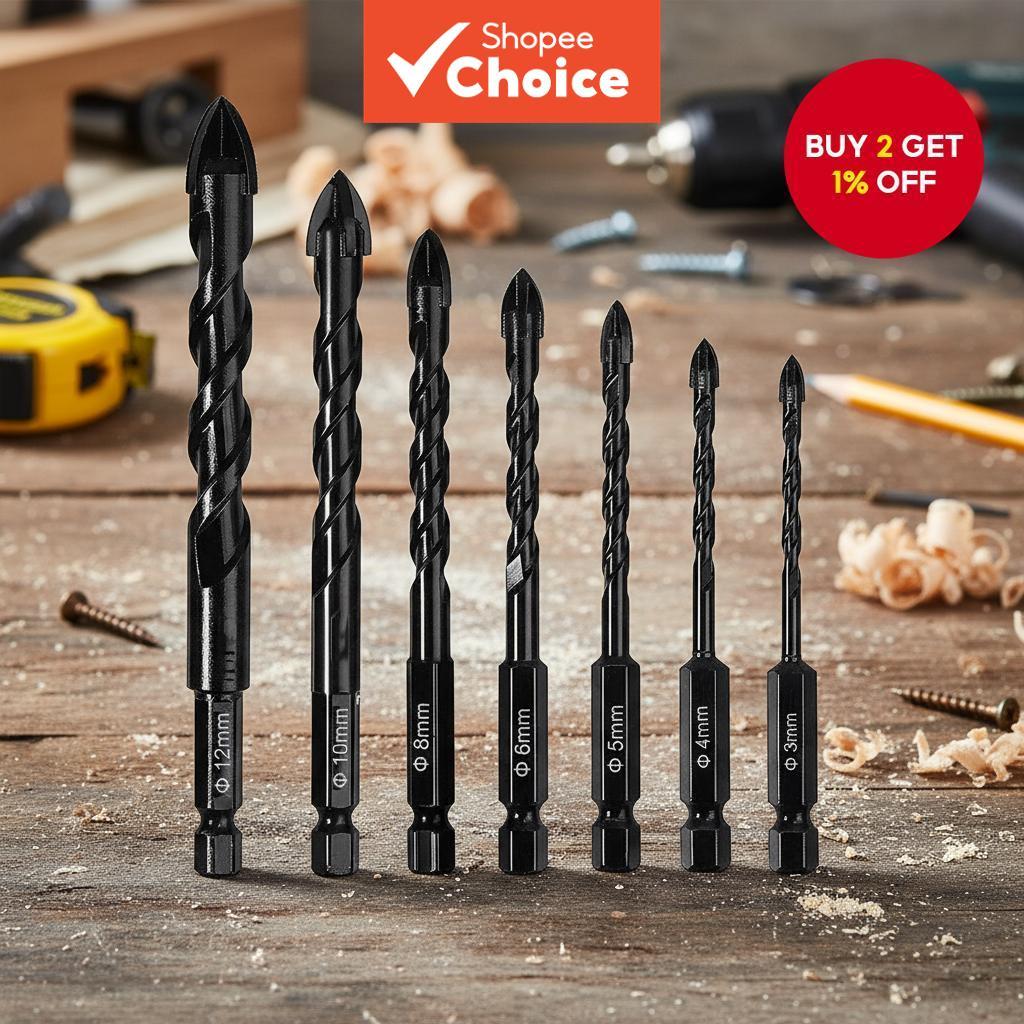 3-6mm Cross Hex 4-edge Drill Bit Set for Concrete, Glass, Porcelain ...