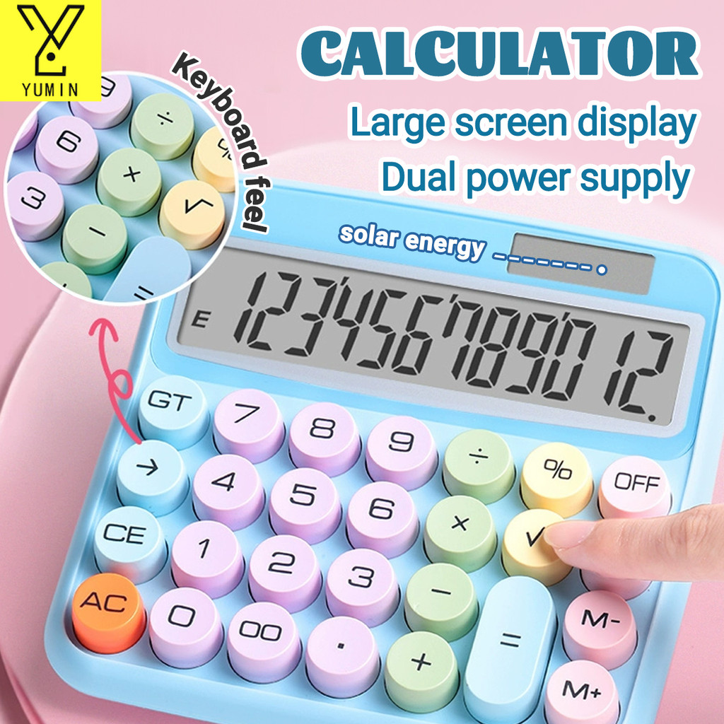 12-Digits Display Mechanical Keys Student Office Calculator Dual Power ...