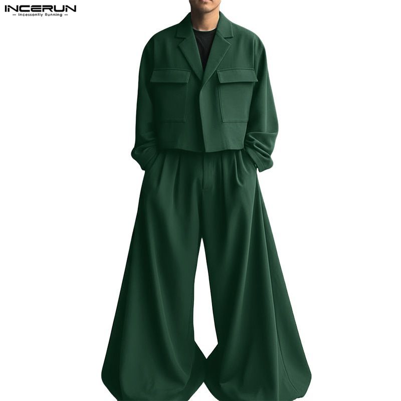 INCERUN Men's Fashion Loose Design Solid Color Two Piece Set | Shopee ...