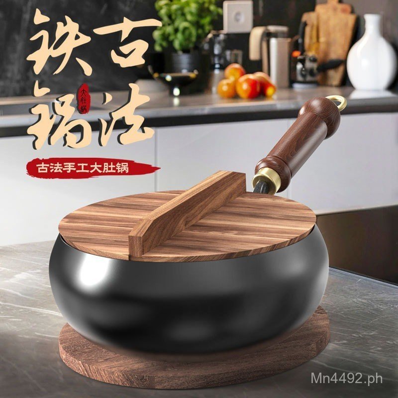 Hand-Forged Large Belly Pure Handmade Iron Pot Ancient Method24Frying ...
