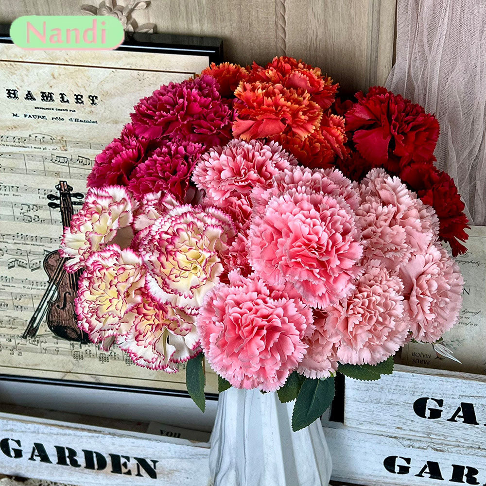 7-Heads Fake Carnation Bouquet - Realistic Artificial Silk Flowers ...