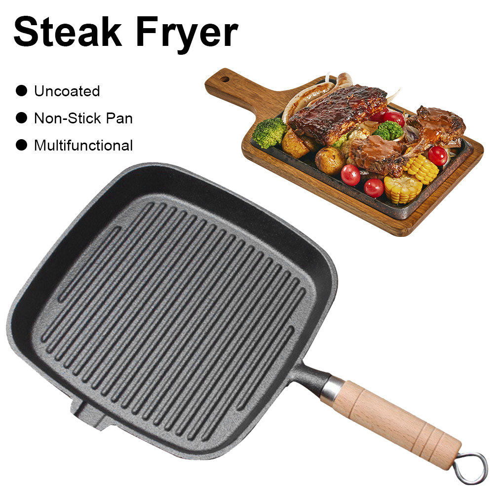 Cast Iron Skillet Steak Pan with Wooden Handle Uncoated Non-stick ...