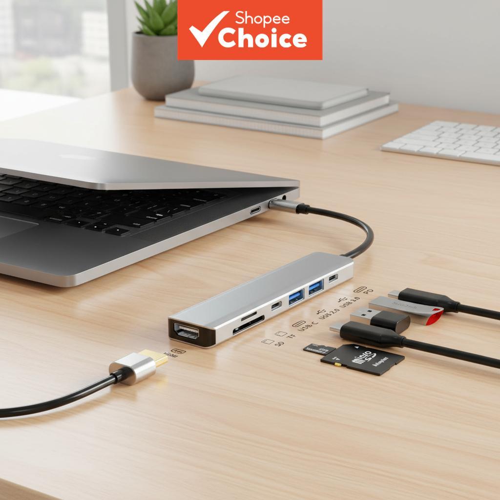 7-Port Type-C Hub Adapter with HDMI 4K 30Hz, USB 2.0, USB 3.0, PD, SD ...