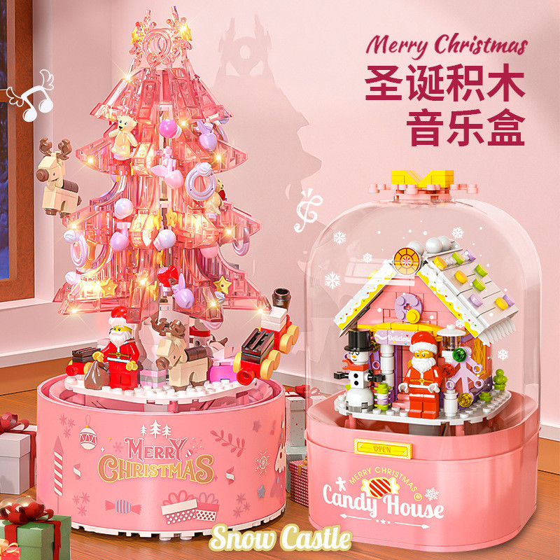 Christmas Building Blocks Candy House Santa Snow Rotating Music Box ...