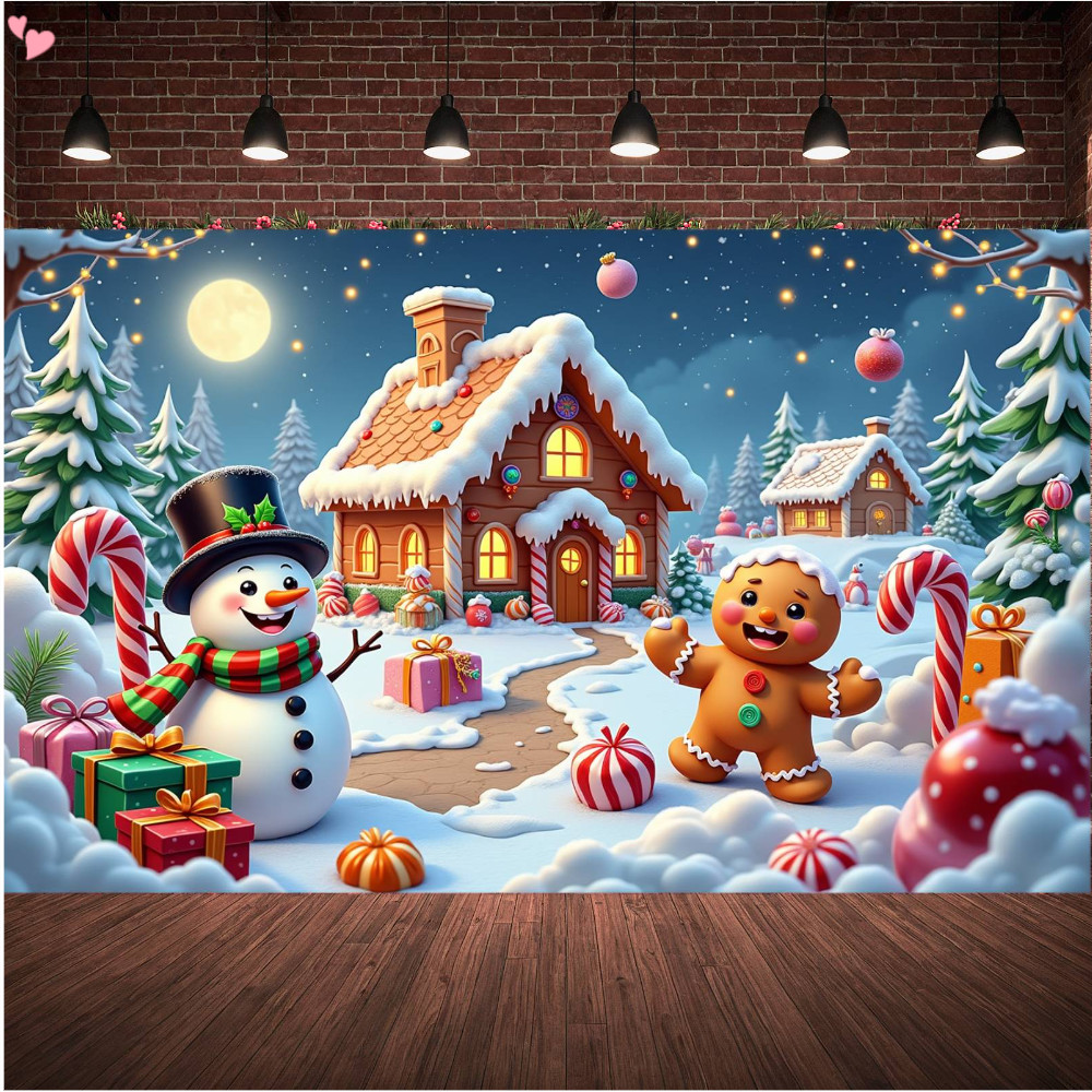 Christmas Gingerbread Banner Winter Snowman Gingerbread House Backdrop ...