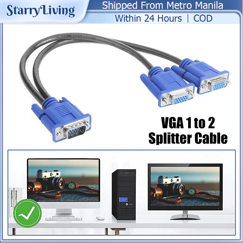1 Male VGA to 2 Female VGA Splitter Cable 2 Way VGA Monitor Dual Video ...