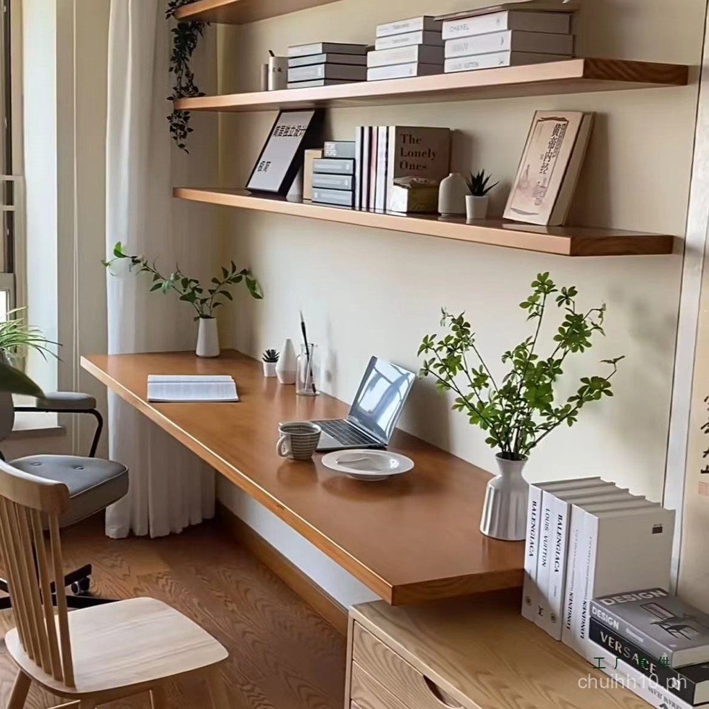 Nordic Solid Wood Wall-Mounted Straight Board Bookshelf Desk Living ...