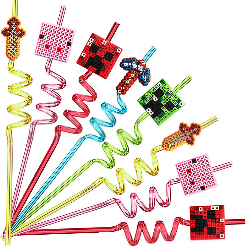 FBPH Bless 5pcs Pixel Straws Reusable Miner Plastic Spiral Drinking ...