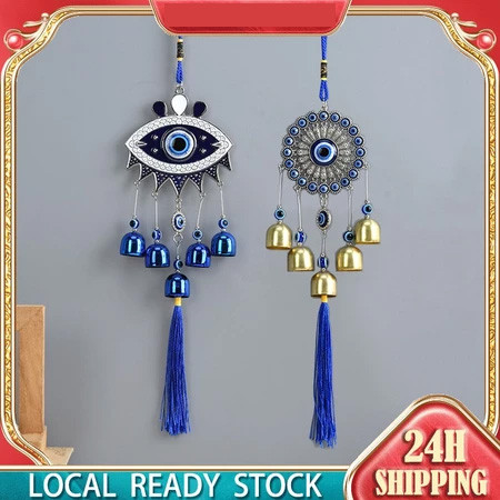 Travimo Evil Eye Wind Chime Blue Glass Wall Hanging Handmade Outdoor ...