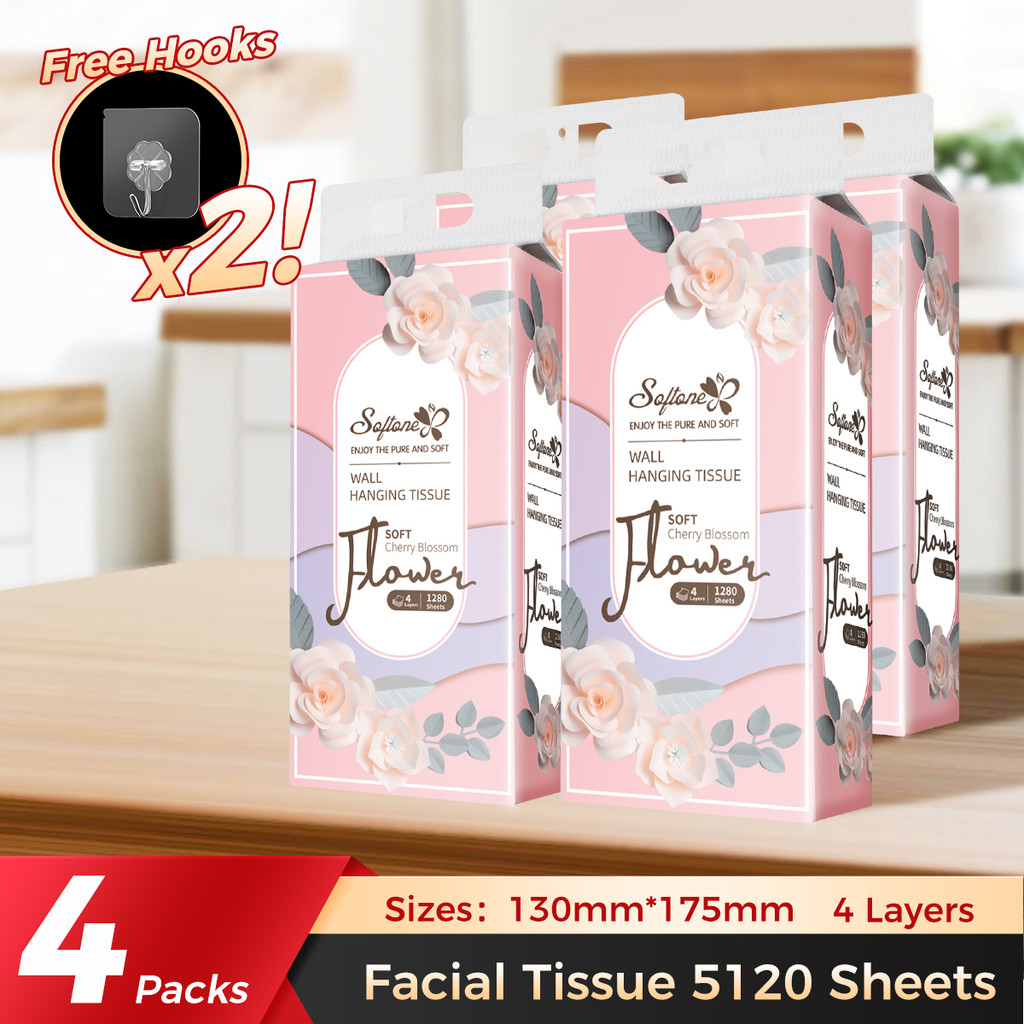4 packs 1280 Sheets 4Ply Jumbo Facial Tissue Bathroom Tissue Wall ...