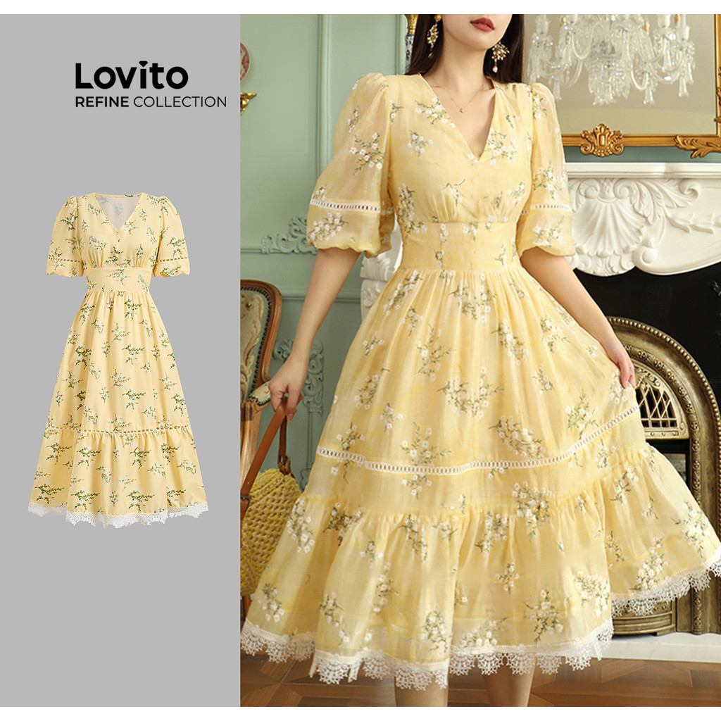 (Lovito Refine) Elegant Dress Floral Print Festival Zipper Ruffle Neck ...