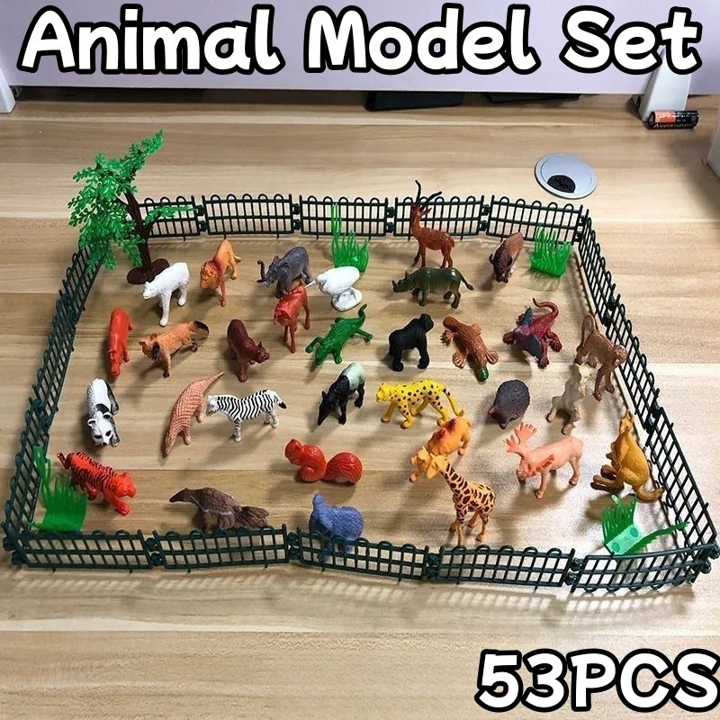 53PCS Mini Wild Animals Model Set Dinosaur Simulation Animal Model Lion ...