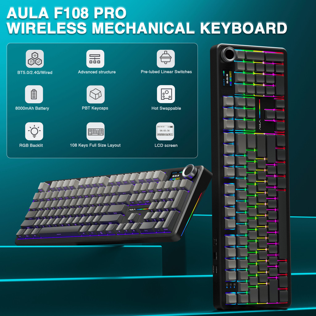 [YEAREND SALE] AULA F108 Pro 104-Key Mechanical Keyboard Bluetooth 2.4G ...