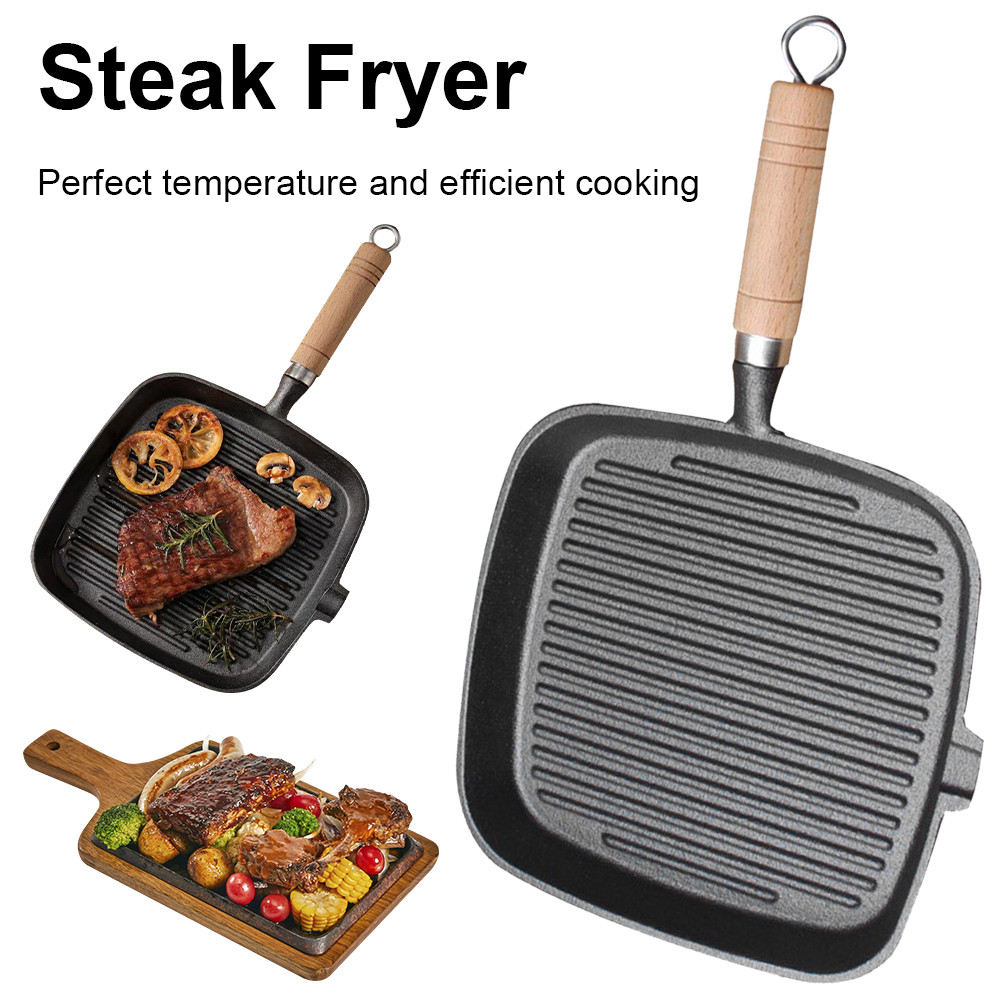 Cast Iron Skillet Steak Pan with Wooden Handle Uncoated Non-stick ...