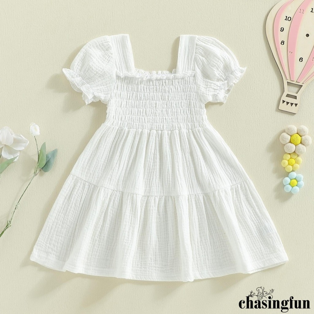 CHF-Toddler Little Girl Summer Dress Smocked Short Puff Sleeve Square ...